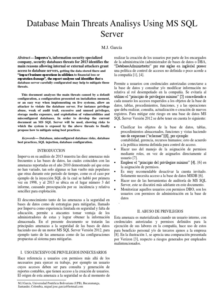 Análisis de Las Principales Amenazas de Seguridad en Bases de Datos Empleando Ms SQL Server ...