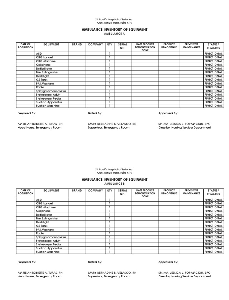 Ambulance Inventory | PDF | Emergency Management | Emergency Medical ...