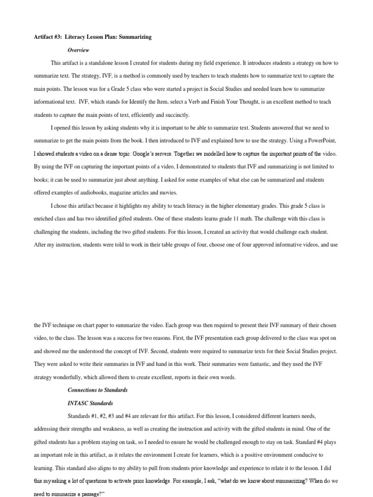 Artifact #3: Literacy Lesson Plan: Summarizing | PDF | Reading ...