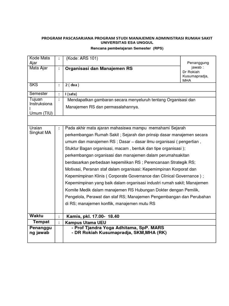RPS ARS 101 Organisasi Manajemen RS | PDF