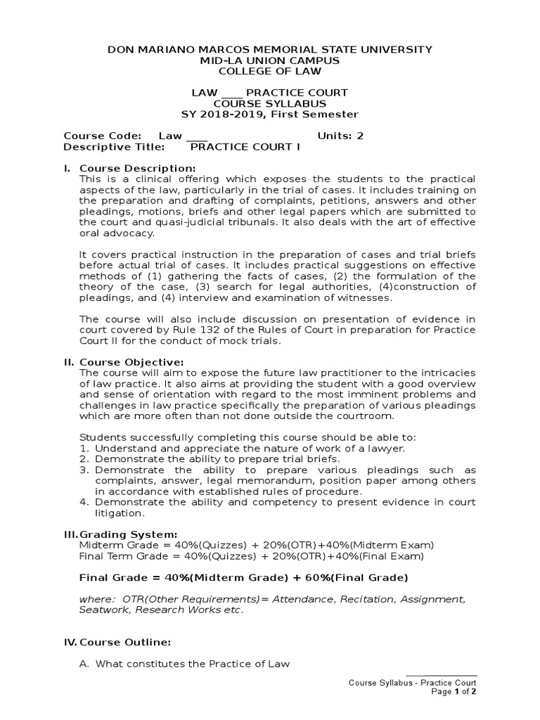 Practice Court I Syllabus 2018-2019 | PDF | Pleading | Brief (Law)