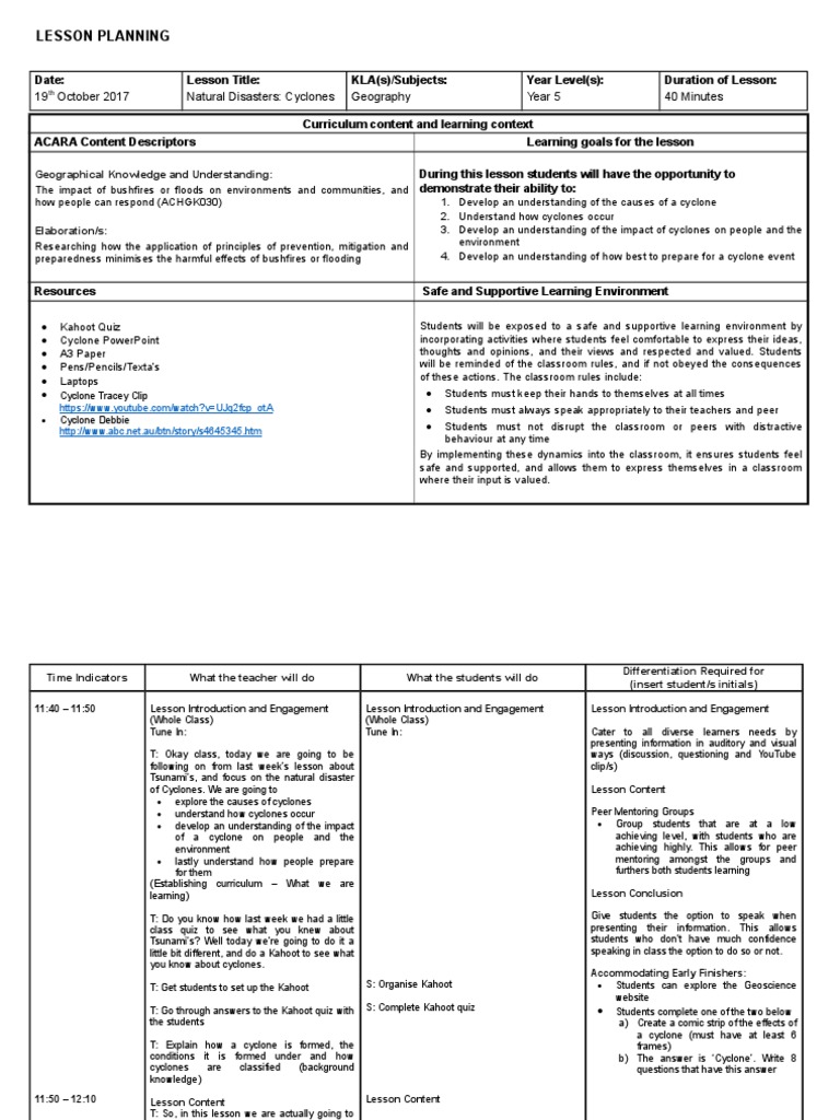 Geography Cyclones Lesson Plan - Year 5 | PDF