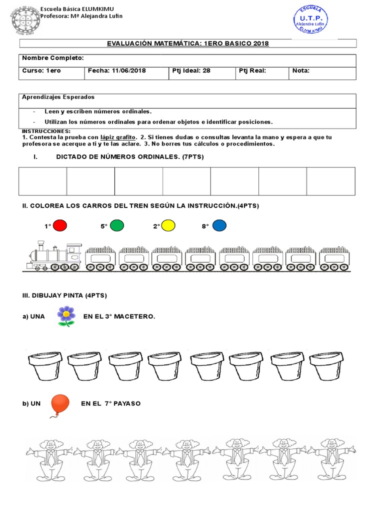 Evaluación Números Ordinales 1er Básico | PDF | Aprendizaje | Cognición