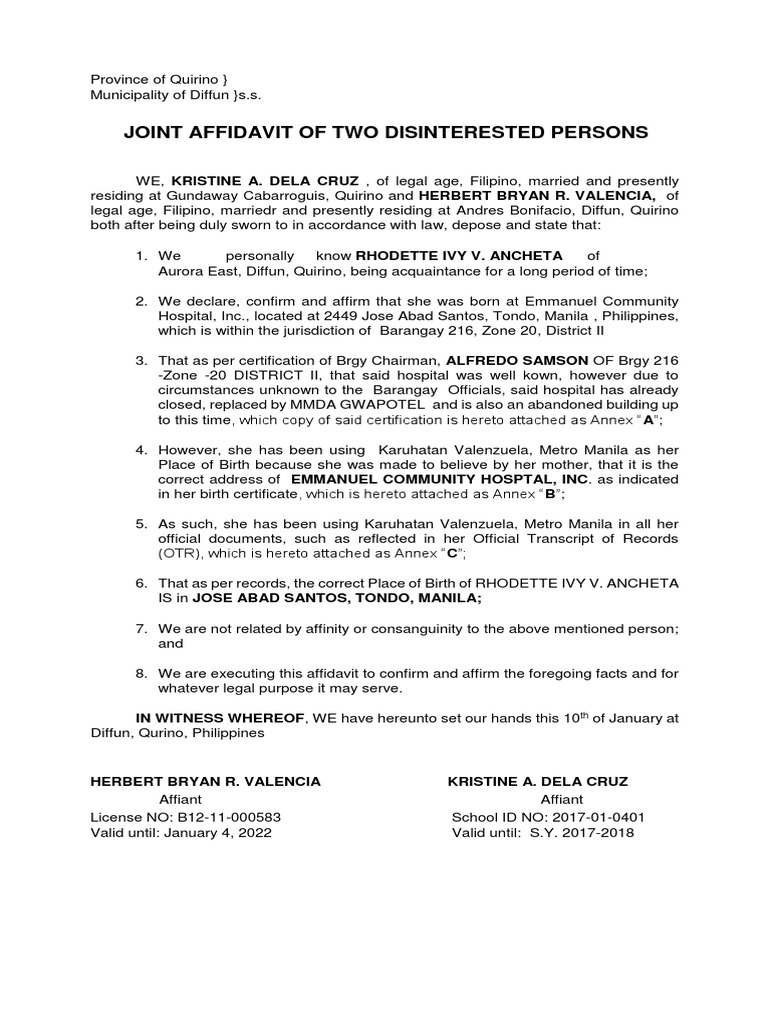 Joint Affidavit of Two Disinterested Persons: IN WITNESS WHEREOF, WE ...