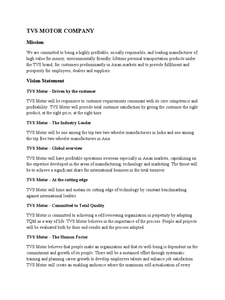 Tvs Motor Company: Mission | PDF | Customer | Goal
