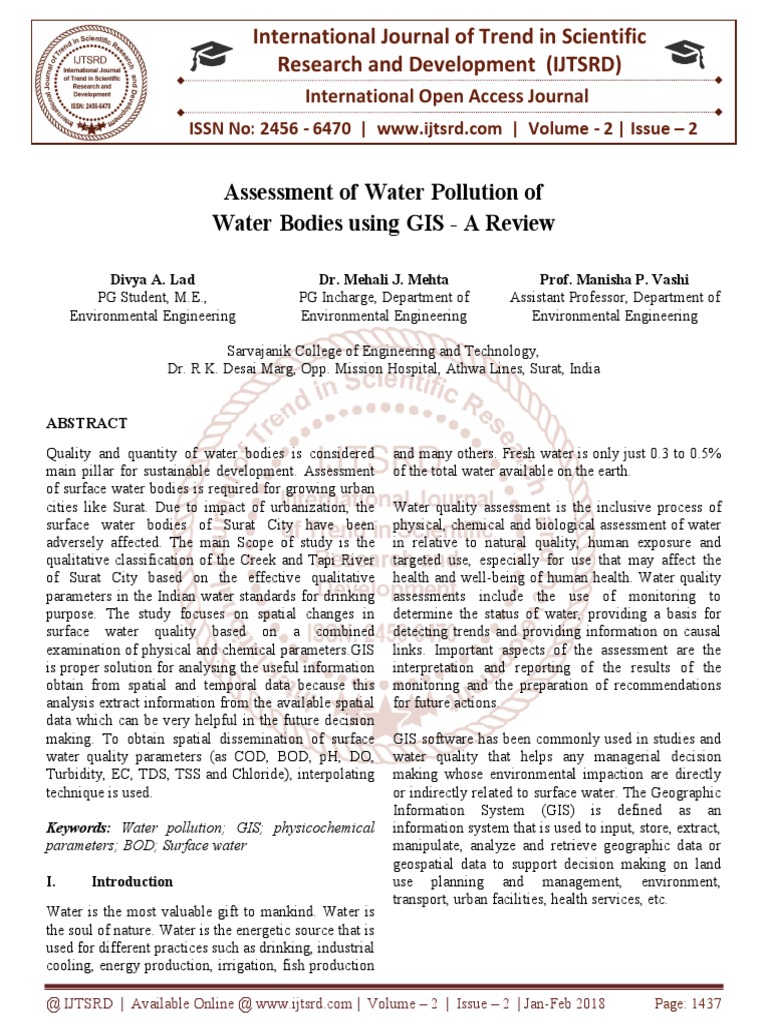 Assessment of Water Pollution of Water Bodies Using GIS - A Review ...