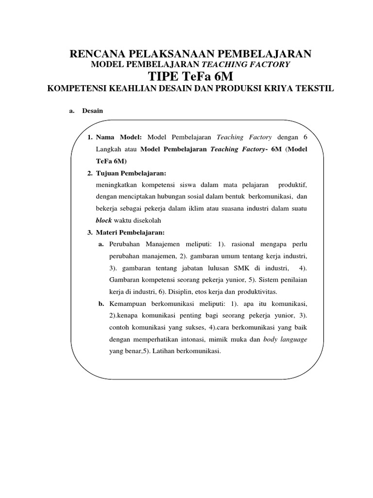 Rahmad Contoh RPP Kriya Tekstil-Model Tefa - 6m Riset | PDF