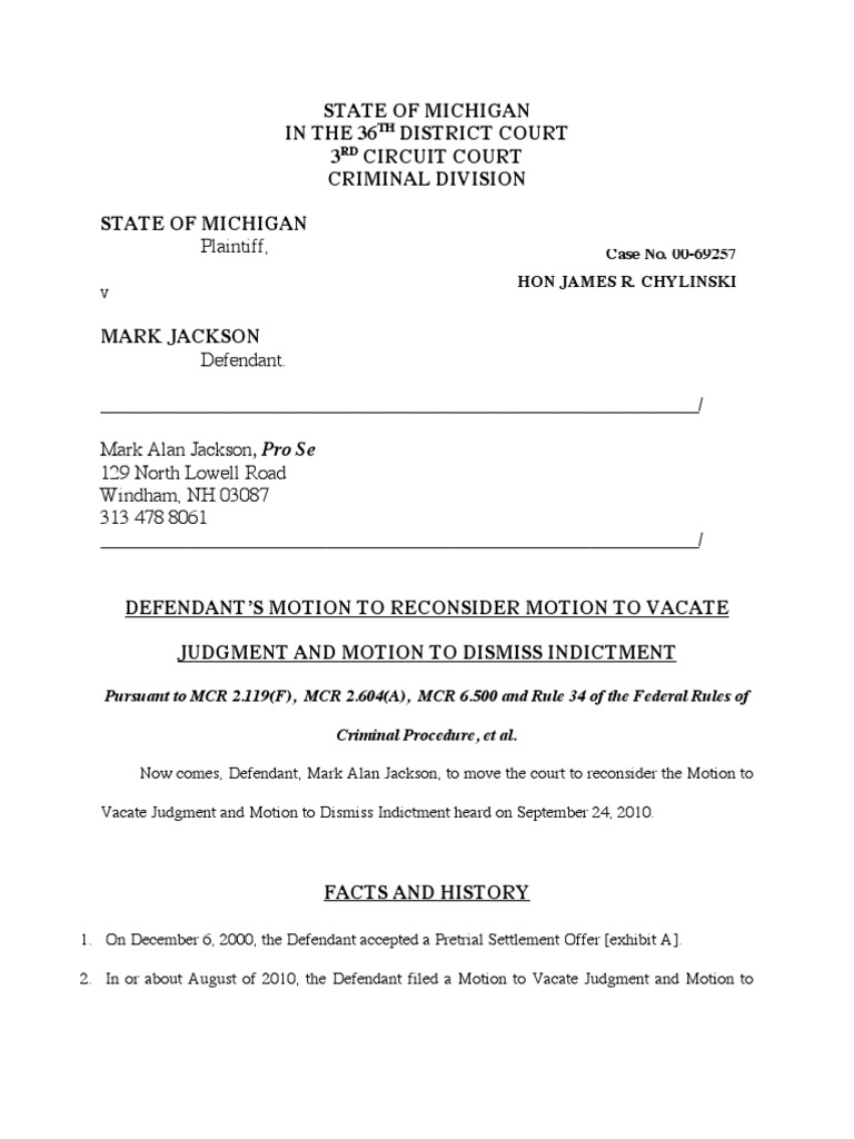 Defendant's Motion To Reconsider Motion To Vacate Judgment and Motion To Dismiss (10-1-10) | PDF ...