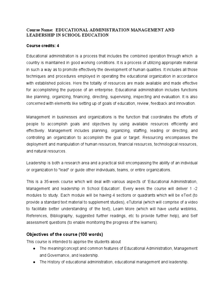 Course Name: Educational Administration Management and Leadership in ...