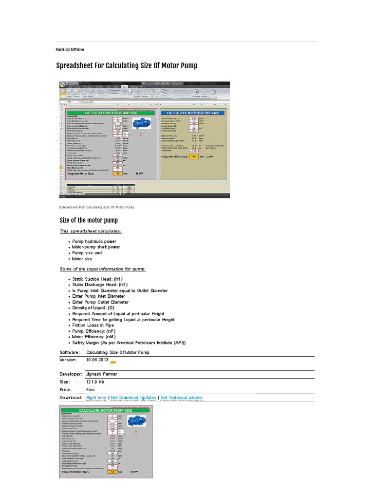Spreadsheet For Calculating Size of Motor Pump | PDF | Computers