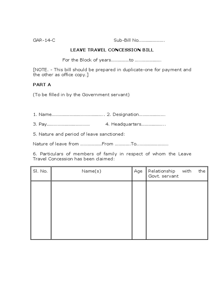 Leave Travel Concession Bill: Claim for Reimbursement of Travel ...