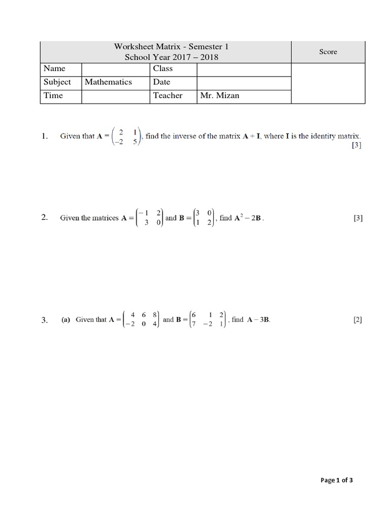 Semester 1 Math Worksheet Matrix | PDF