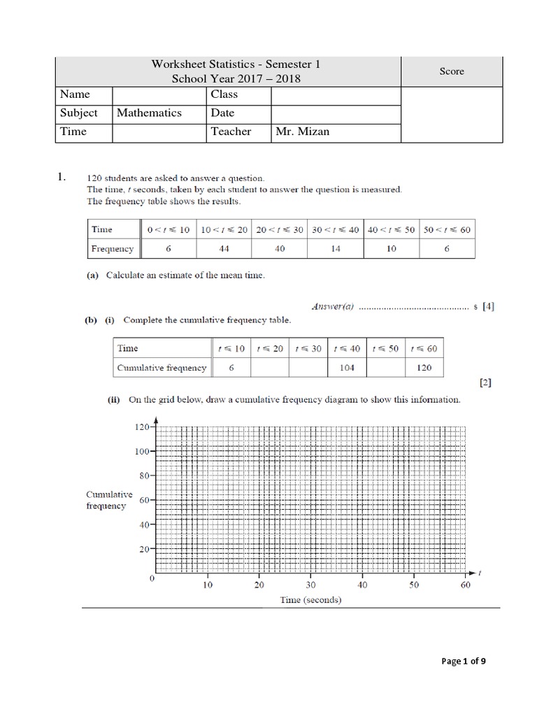 Mathematics Worksheet Statistics 2017-18 | PDF