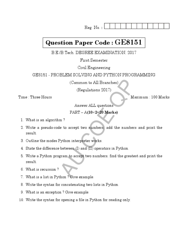 Au Coe Qp Question Paper Code Pdf Python Programming Language Algorithms
