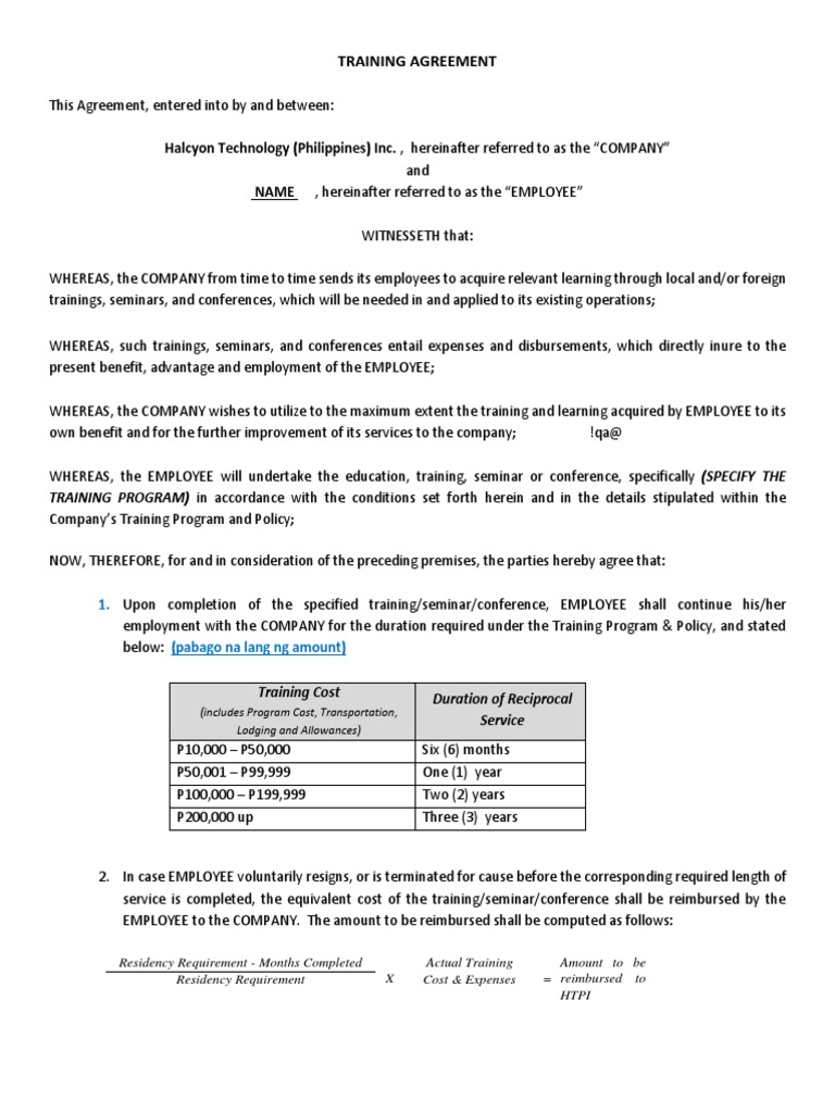 Training Agreement Between Employer And Employee Template