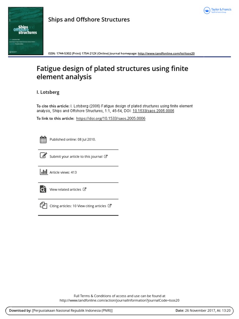 Fatigue Design of Plated Structures Using Finite Element Analysis | PDF | Fatigue (Material ...