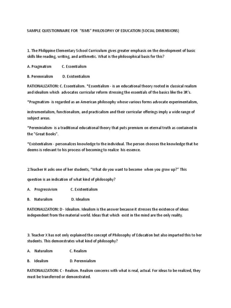An Analysis of Educational Philosophies Reflected in Sample Questions ...