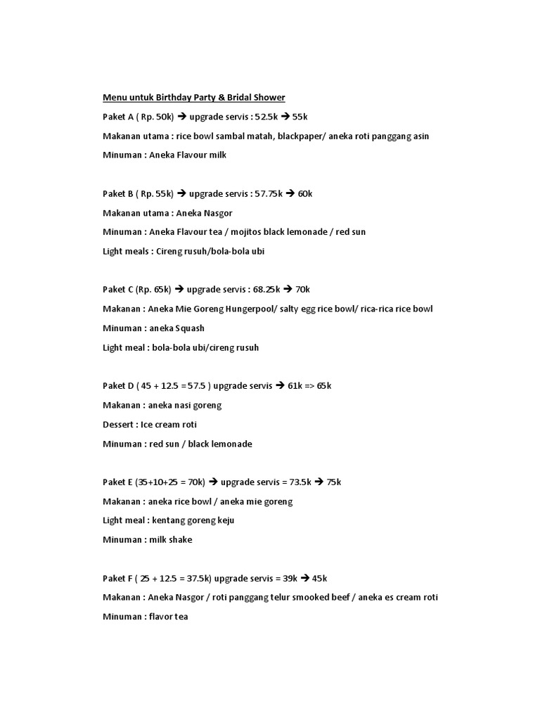 Menu Untuk Birthday Party & Bridal Shower | PDF