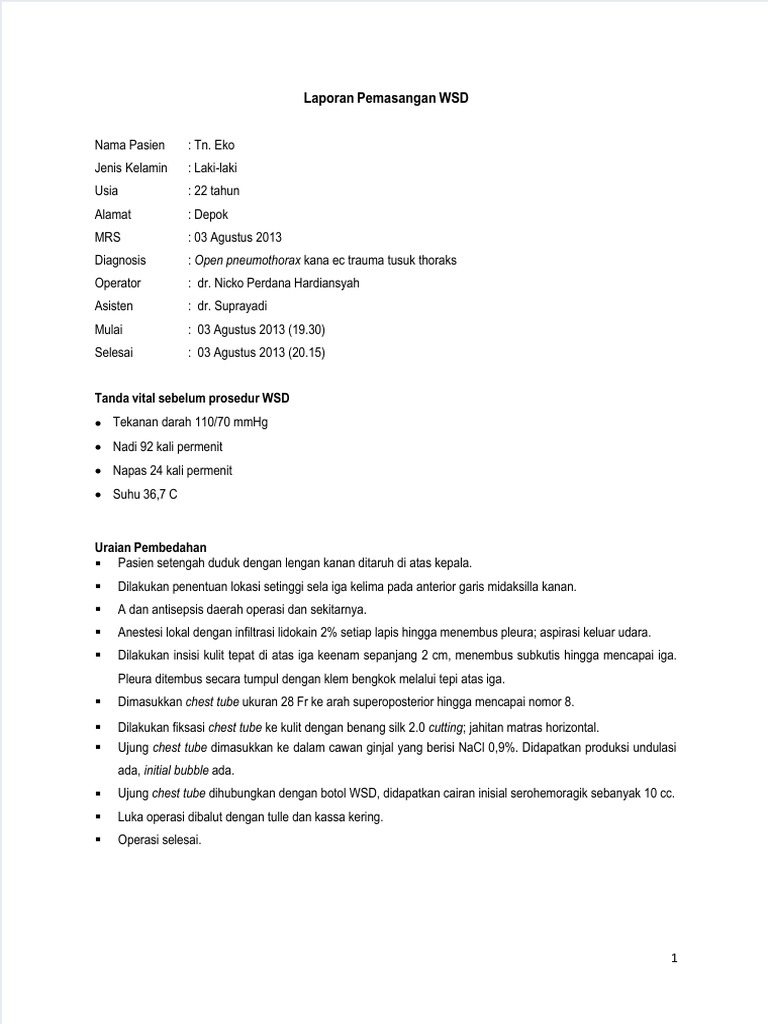 Laporan Pemasangan WSD Pneumothorax | PDF