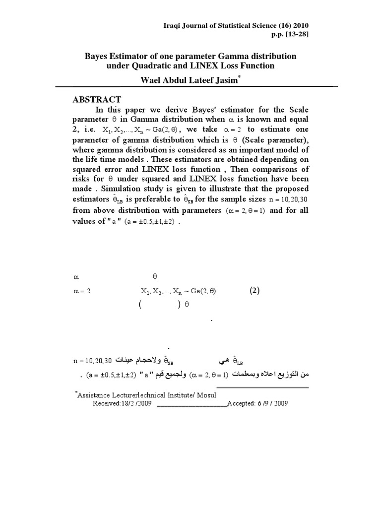 Bayes Estimator of One Parameter Gamma Distribution Under Quadratic and LINEX Loss Function Wael ...