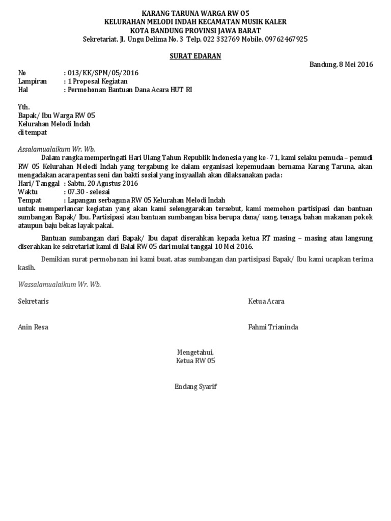 Contoh Surat Edaran Meminta Sumbangan Untuk Acara 17an | PDF