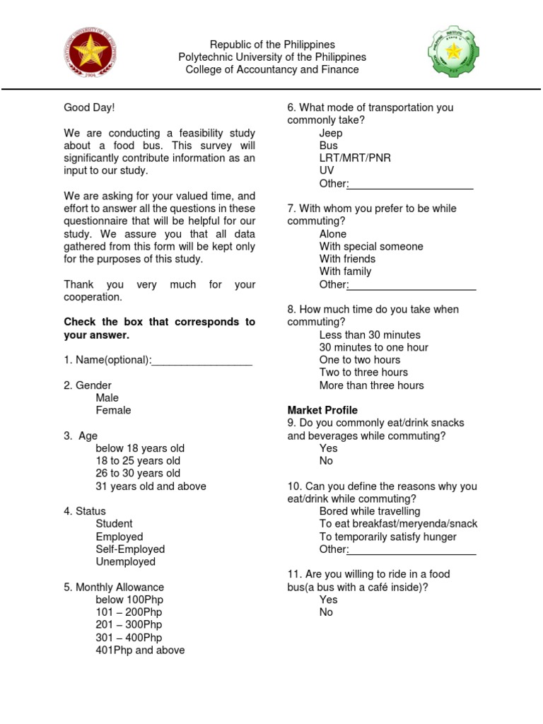 Food Bus Feasibility Study Questionnaire | PDF | Hamburgers | Cuisine