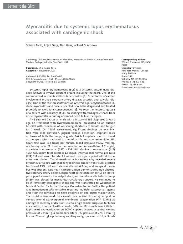 Myocarditis Due To Systemic Lupus Erythematosus Associated With ...