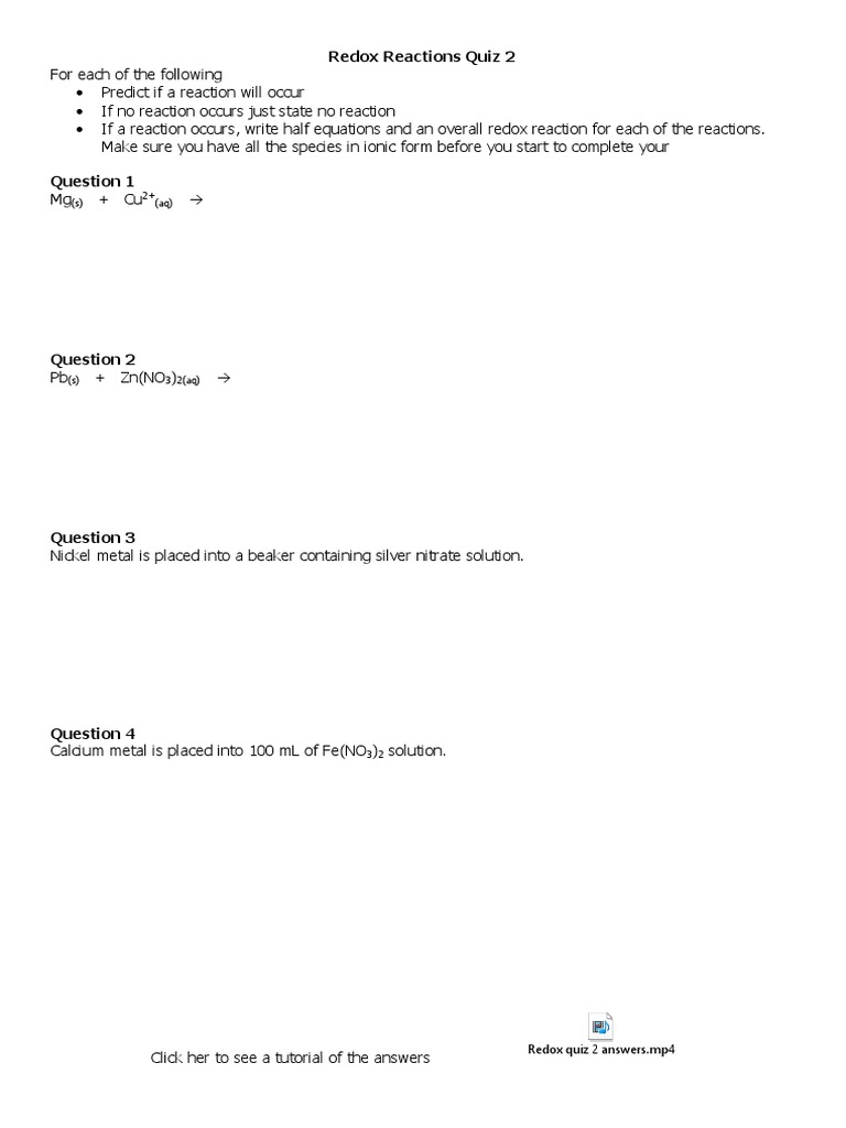 Redox Reactions Quiz 2 | PDF