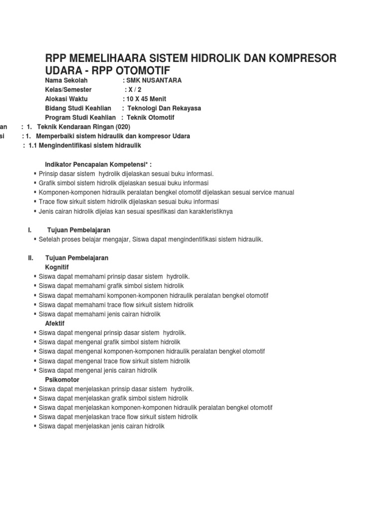 RPP Sistem Hidrolik Dan Kompresor Udara Kelas X TKR | PDF