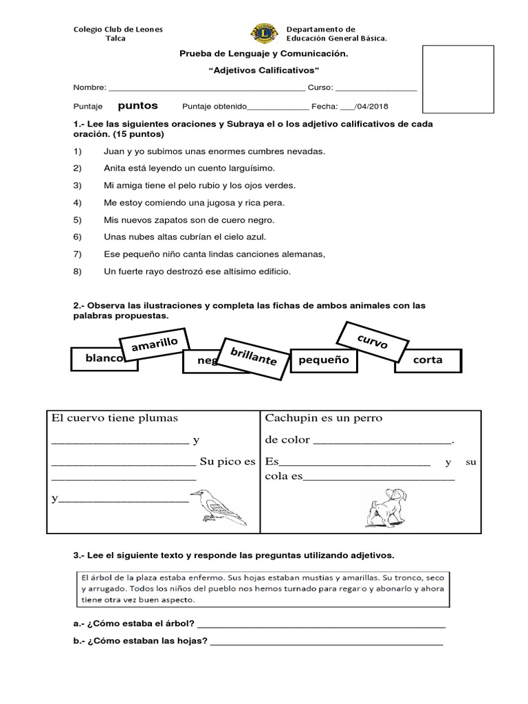 Prueba de Lenguaje Adjetivos Calificativos