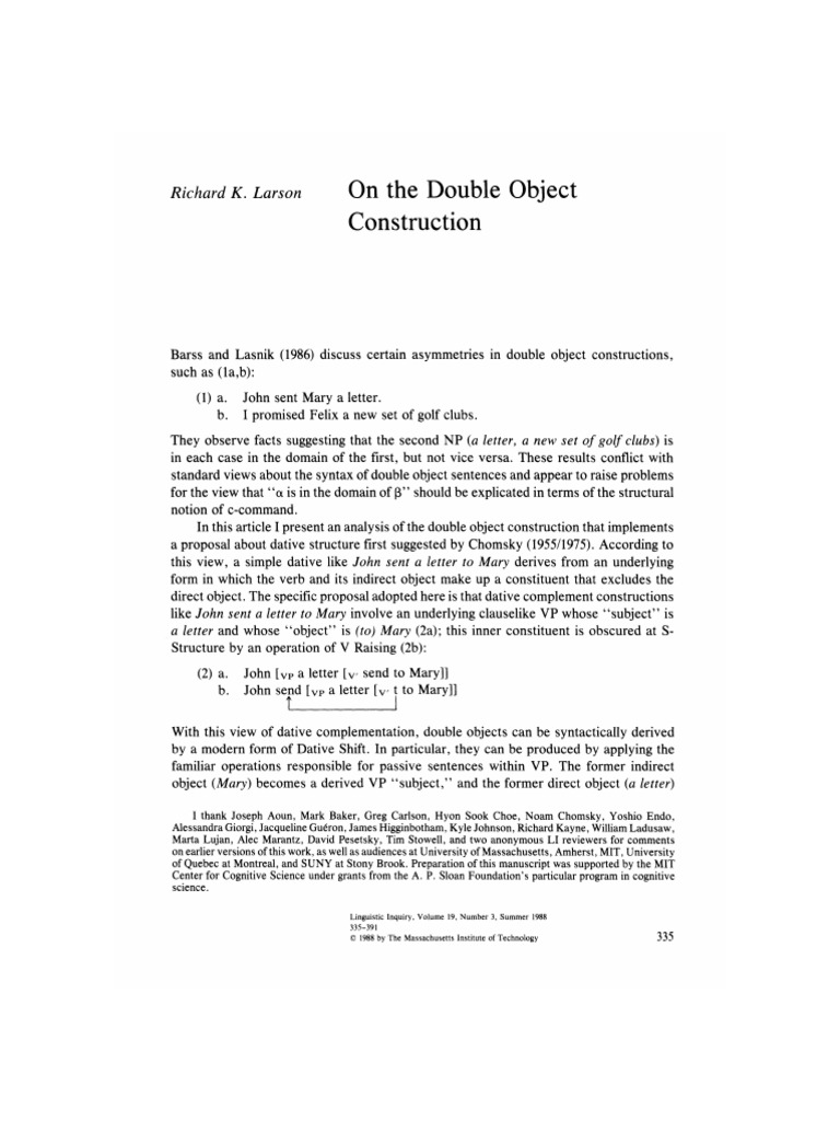 Larson. On The Double Object Construction | PDF