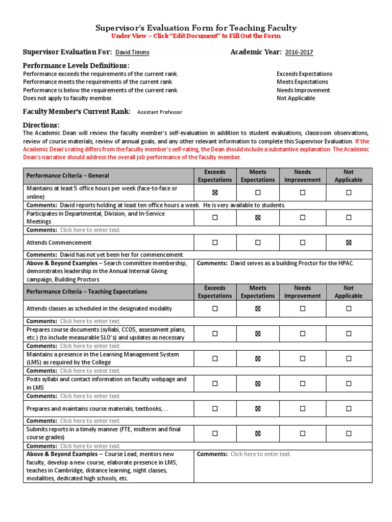 Timms Teaching Faculty Supervisors Evaluation Form | PDF | Committee ...