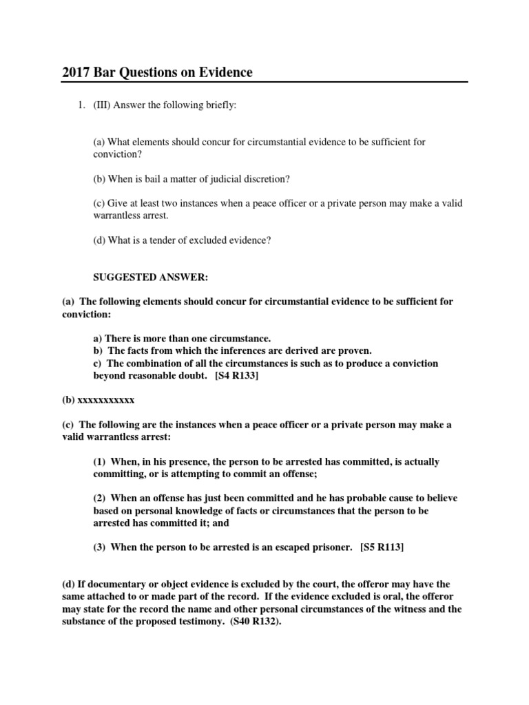Evidence Bar Qs 2017 | PDF | Witness Impeachment | Arrest
