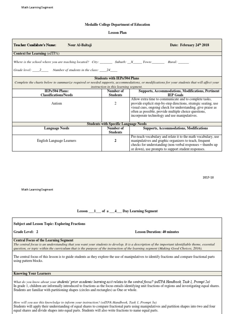 Edu500 Lesson Plan Template grade 2 Fraction Educational Assessment 
