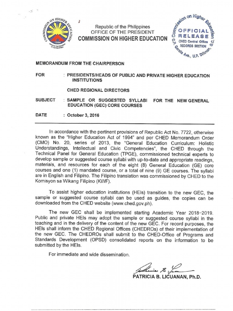 Sample or Suggested Syllabi For The New General Education GEC Core ...