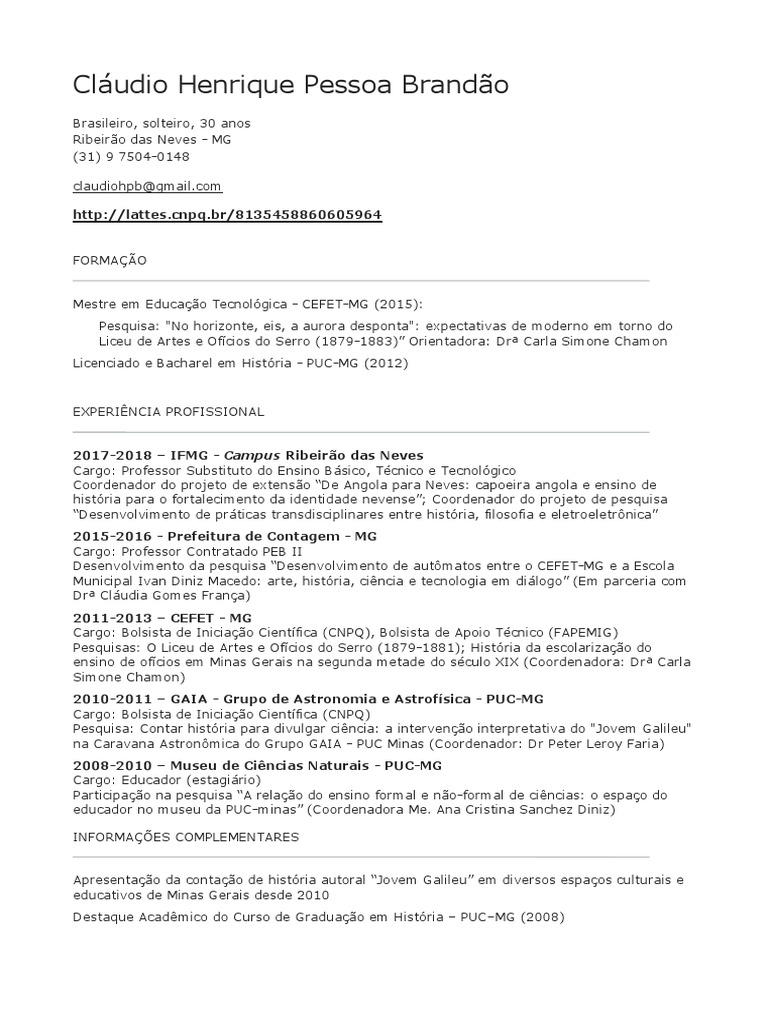 Currículo Cláudio Brandão História PDF | PDF