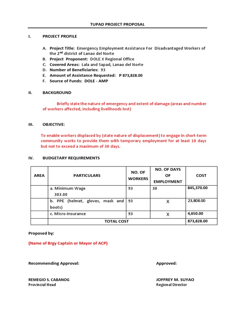Tupad Project Proposal I. Project Profile: (Name of Brgy Captain or ...