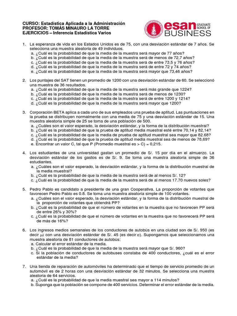 Ejerc Inferencia Varios | PDF | Muestreo (Estadísticas) | Intervalo de confianza