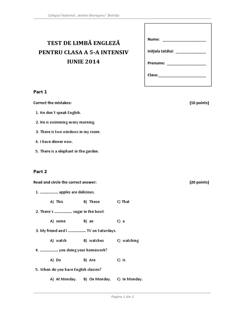 Romanian Test Admission For Intensive English Class (5th Grade) | PDF