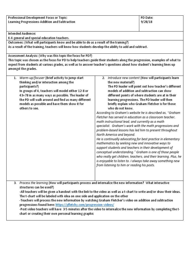 PD Addition and Subtraction Learning Progression Graham Fletcher | PDF ...