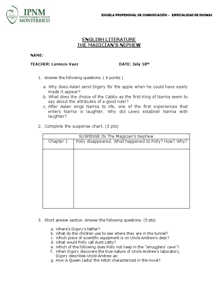 Analysis of The Magician's Nephew Chapter Questions | PDF