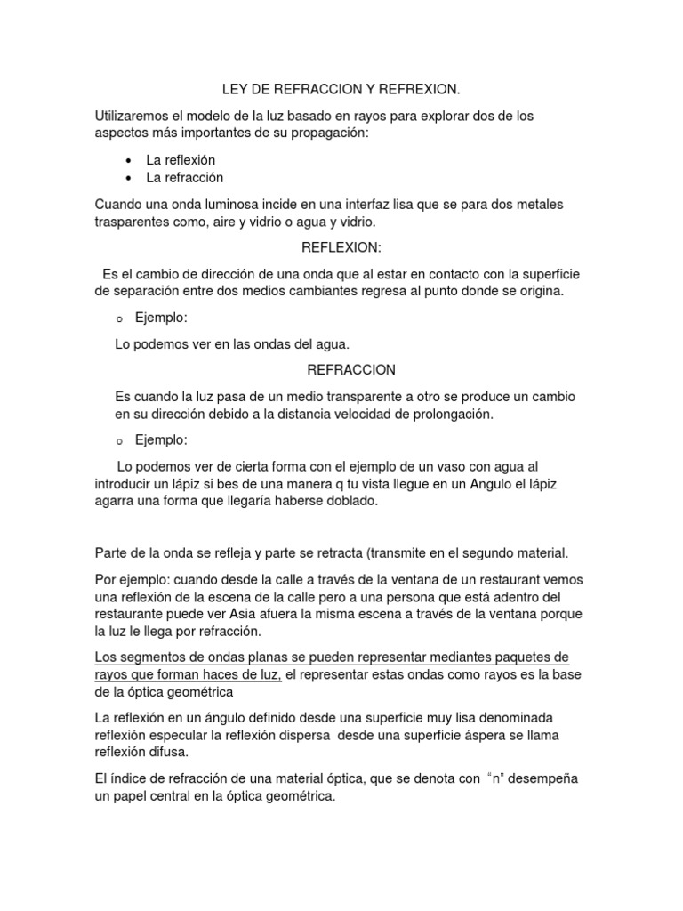 Ley de Refraccion y Refrexion | PDF