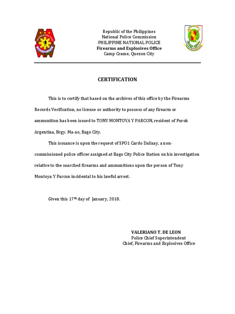 Certification: Firearms and Explosives Office | PDF