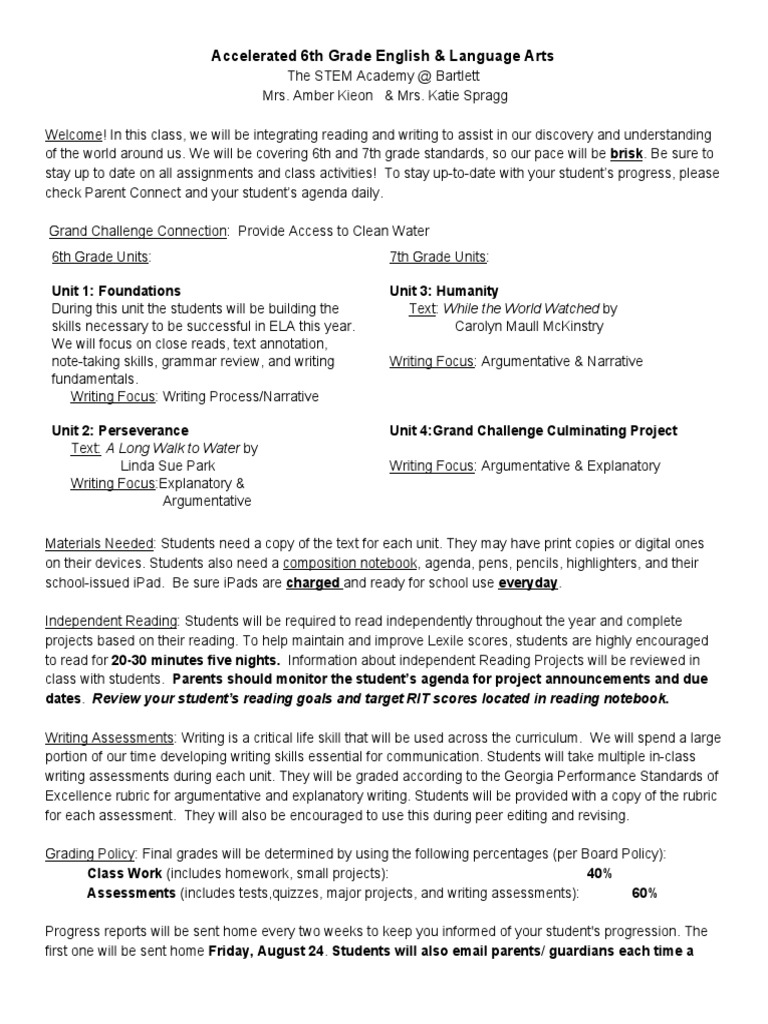 6th Ela Syllabus | PDF | Homework | Teaching