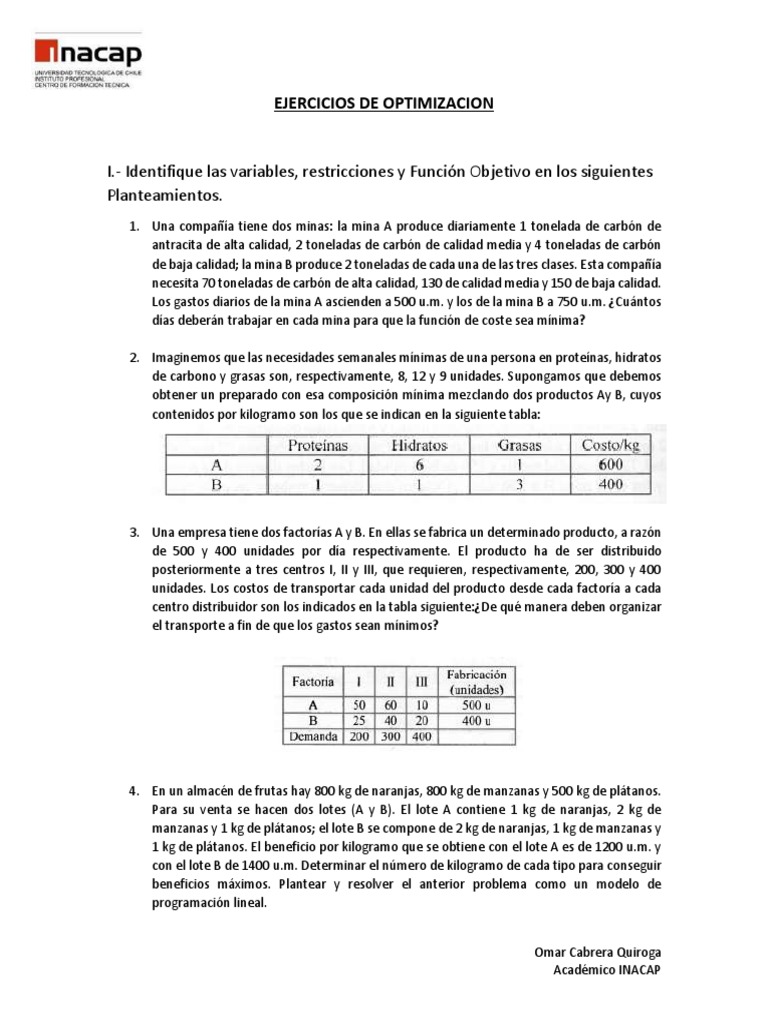 Ejercicios Optimizacion | PDF | Kilogramo | Naturaleza