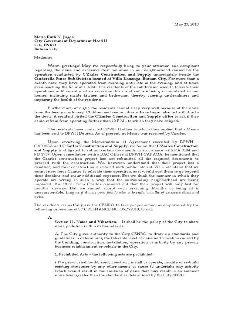 Complaint Letter | PDF | Nuisance | Justice