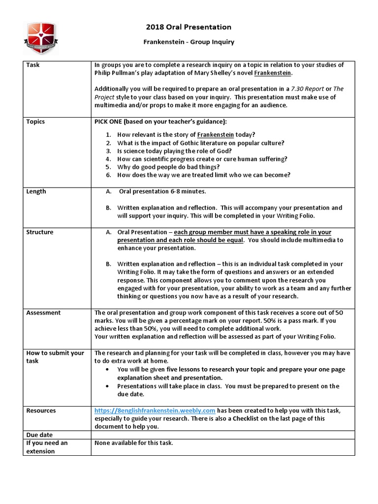 2018 Oral Presentation Assessment Task and Rubric - Frankenstein | PDF ...
