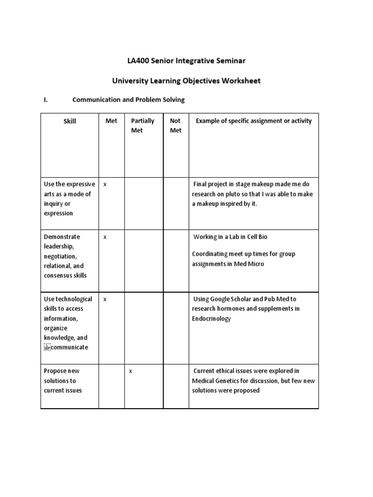 Madeline Daugherty - University Learning Objective Worksheet | PDF ...