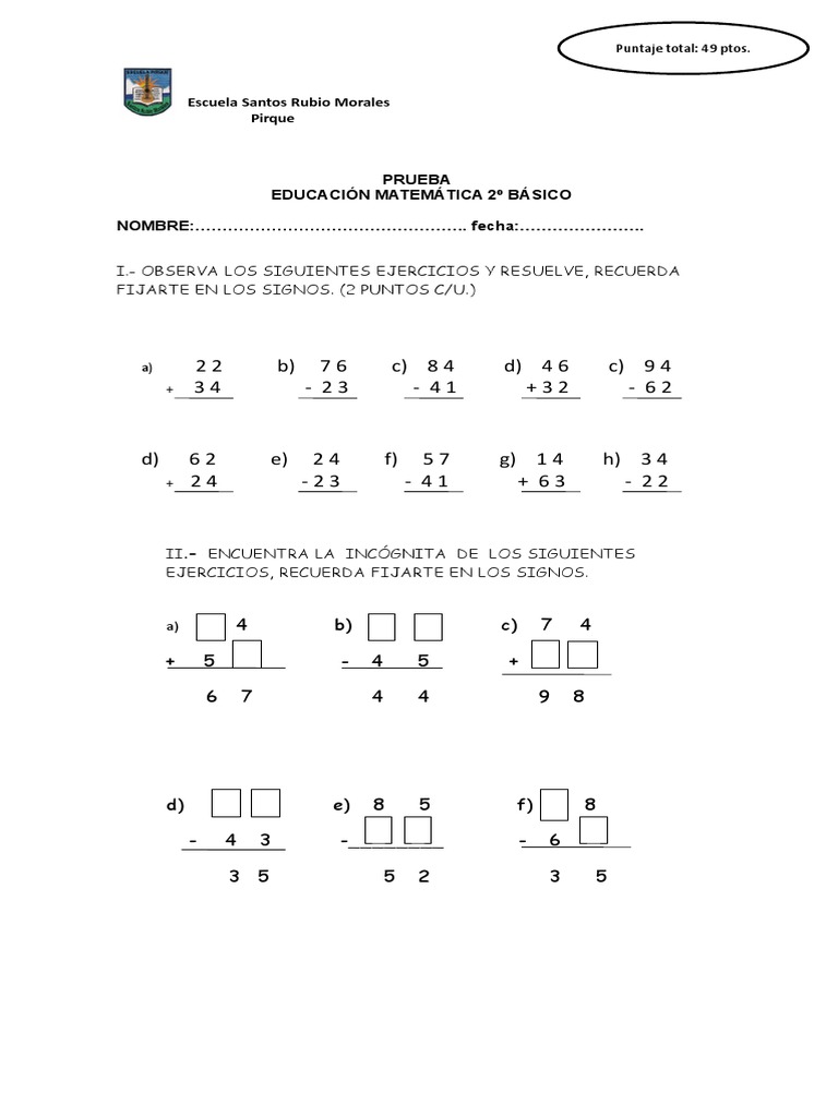 Prueba de Sumas y Restas | PDF