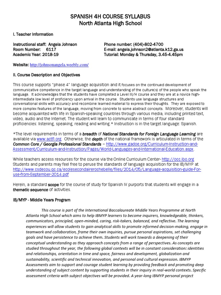 Spanish IV Course Syllabus 2018-19 | PDF | Teachers | Homework